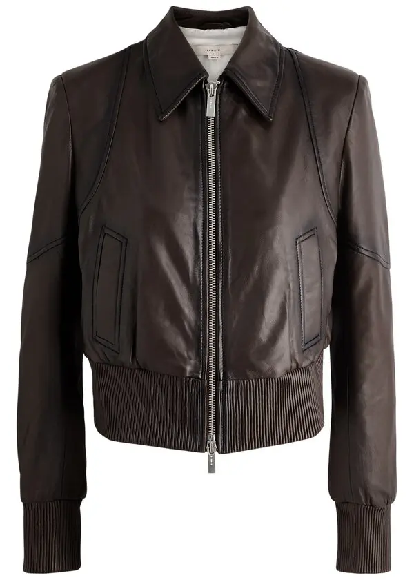 Remain Birger Christensen Leather Bomber Jacket - Dark Brown